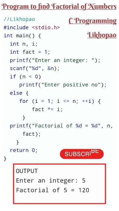 Wap To Program To Find Factorial Of A Number Likhopao C Programming Programming Youtube