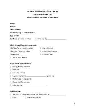 Fillable Online Center For Science Excellence CSE Program 2020 2021 Application Form Fax Email