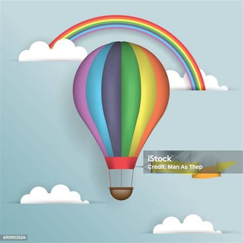 Balon Udara Di Langit Biru Dengan Awan Dan Pelangi Ilustrasi Stok