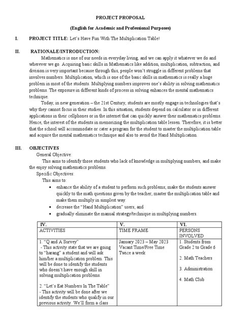 Project Proposal In Eapp Pdf Multiplication Mathematics
