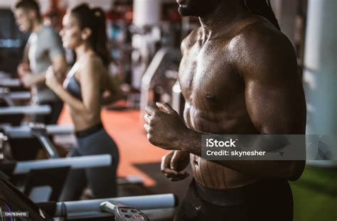 건강 클럽에서 러닝 머신에서 실행 인식 할 수없는 근육 구축 운동 선수 건강한 생활방식에 대한 스톡 사진 및 기타 이미지 건강한 생활방식 교육 장비 교차 훈련법