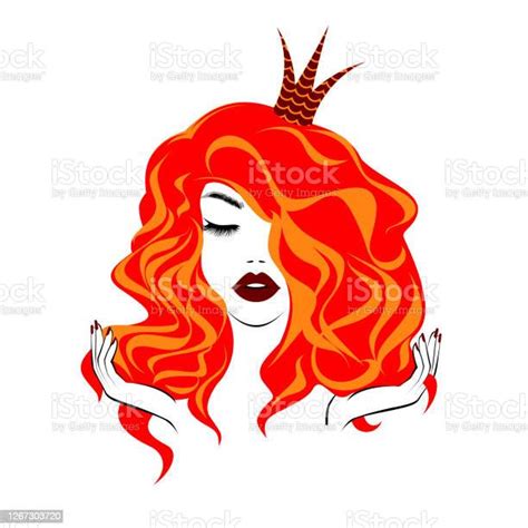 아름다운 여자 얼굴 빨간 입술 검은 곱슬 머리 검은 왕관 빨간 매니큐어 손톱 헤어 살롱 표지판 아이콘과 손 뷰티 로고 벡터 일러스트레이션 미장원에 대한 스톡 벡터 아트 및