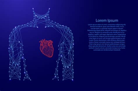 유 방 의학 건강 미래 다각형 파란색과 빨간색 라인 및 배너 포스터 인사말 카드에 대 한 빛나는 별에서 사람 몸통 심장 벡터 일러스트입니다 인체에 대한 스톡 벡터 아트 및
