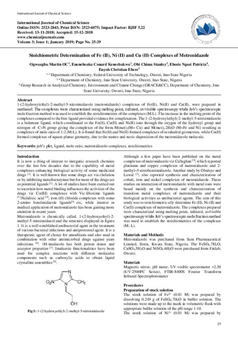Pdf Stoichiometric Determination Of Fe Ii Ni Ii And Cu Ii Complexes Of Metronidazole