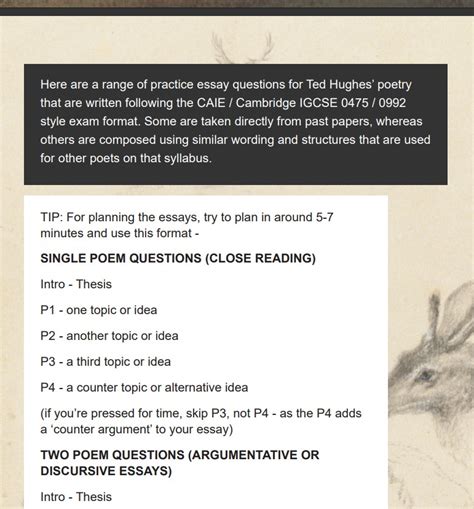 Ted Hughes Cambridge Igcse Essay Questions Teaching Resources