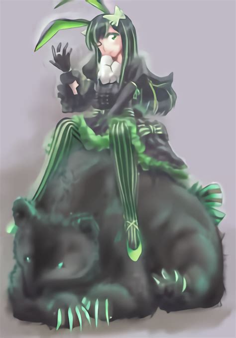 Safebooru 1girl Bear Black Bear Black Hair Green Eyes Green Hair