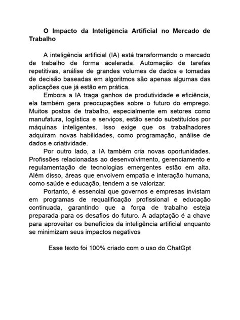 O Impacto Da Inteligência Artificial No Mercado De Trabalho Pdf