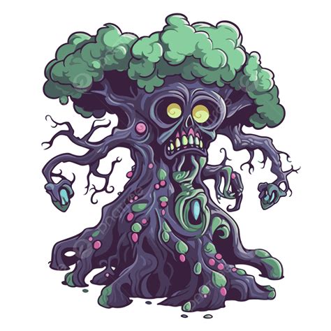 소름 끼치는 나무 벡터 못생긴 괴물의 머리와 뿌리가 있는 만화 나무 상표 클립 아트 Png 일러스트 및 벡터 에 대한