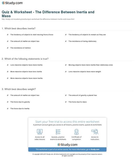 Quiz Worksheet The Difference Between Inertia And Mass Db Excel Com