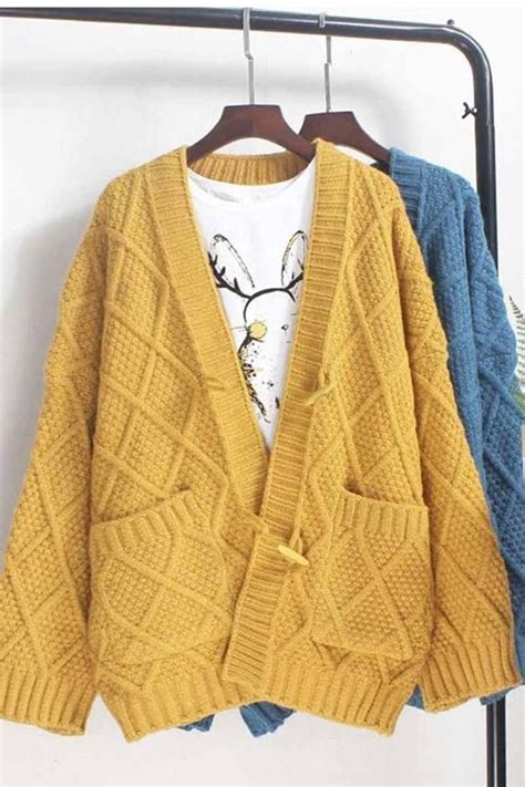 Solid Ribbed Horn Buckle Pockets Cardigan4 Colors Pocket Cardigan