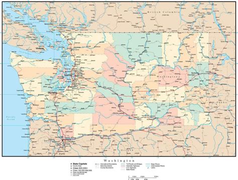 Washington Adobe Illustrator Map With Counties Cities County Seats Major Roads