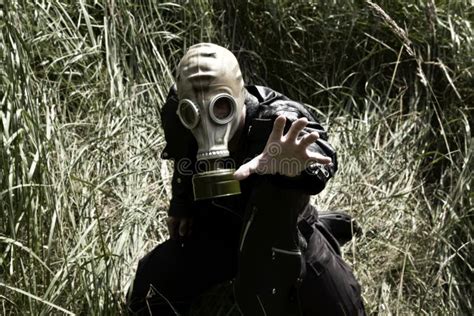Man With Gas Mask In The Grass Stock Image Image Of Attack Fear