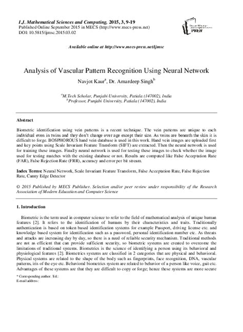 Pdf Analysis Of Vascular Pattern Recognition Using Neural Network