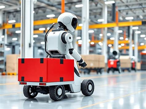 Futuristic Delivery Robot Navigating A Modern Industrial Warehouse Environment Stock