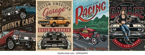 Colorful Custom Cars Vintage Posters Lowrider Stock Vector Royalty
