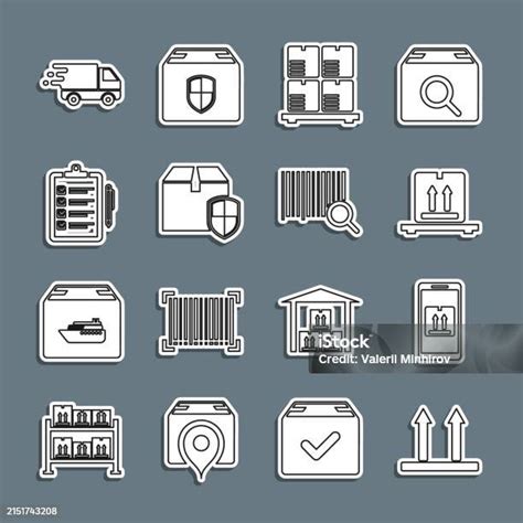라인 설정 이쪽으로 앱 추적 기능이 있는 모바일 팔레트에 판지 상자 배송 보안 방패 배송 목록 확인 트럭 이동 및 검색 바코드 아이콘 벡터 건축하기에 대한 스톡 벡터 아트