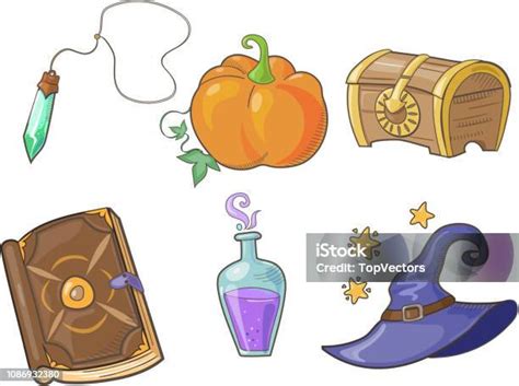 魔法標誌集 萬聖節符號 藥水瓶 魔法水晶 南瓜 巫師帽 魔術書向量插圖在白色背景向量圖形及更多南瓜圖片 南瓜 女巫 巫婆帽 Istock