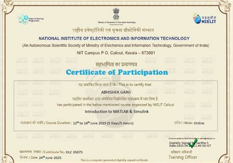 I Recently Completed The Matlab And Simulink” Certification From National