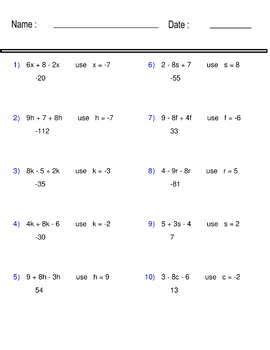 practice evaluating expressions - one variable - Algebraic Expressions