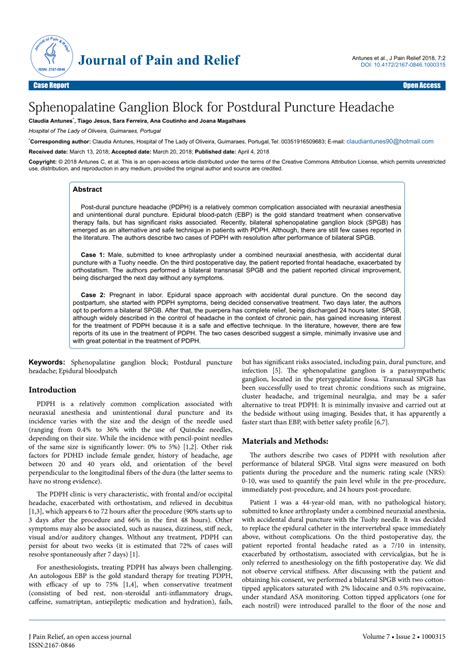 Pdf Sphenopalatine Ganglion Block For Postdural Puncture Headache