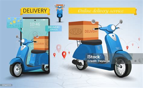 스쿠터 서비스로 빠른 배송 모바일에서 쇼핑 웹 사이트 온라인 음식 주문 개념 웹 배너 앱 템플릿 벡터 일러스트레이션 배달에 대한 스톡 벡터 아트 및 기타 이미지 Istock