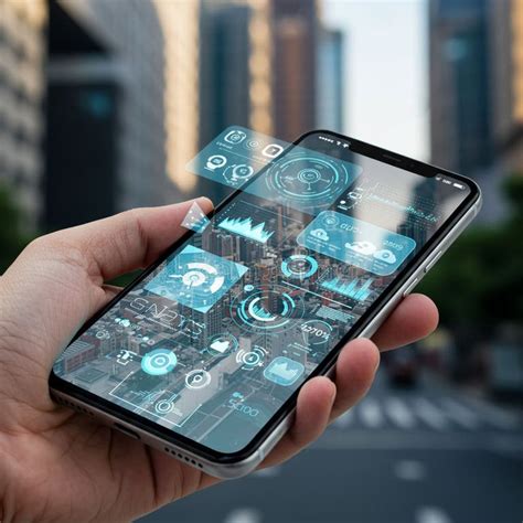 A Hand Holds A Smartphone Displaying A Futuristic Interface With Holographic Stock Illustration