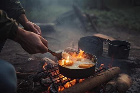 Premium Ai Image Backpacker Cooking Breakfast Of Scrambled Eggs And
