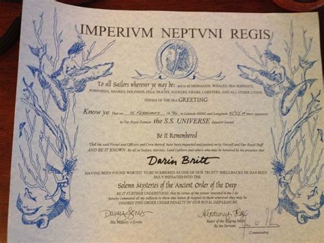 Shellback Certificate For Crossing The Equator