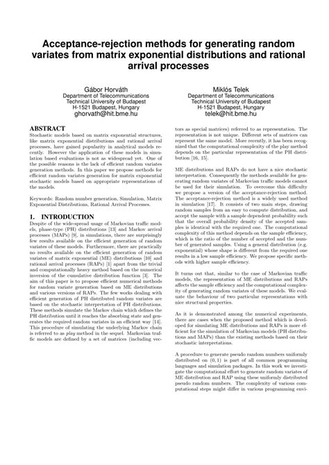 Pdf Acceptance Rejection Methods For Generating Random Variates From Matrix Exponential