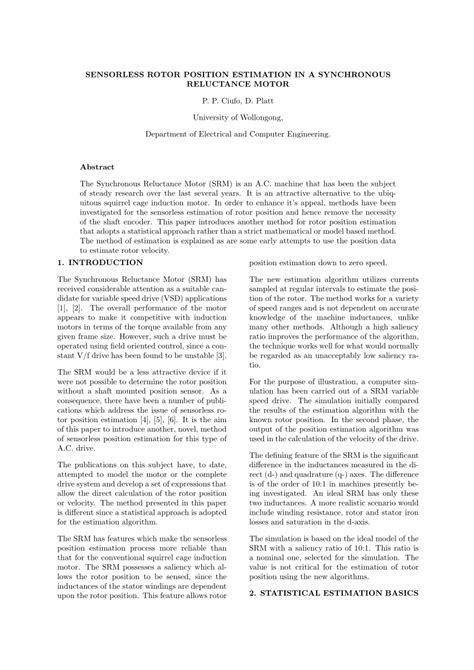 Pdf Sensorless Rotor Position Estimation In A Synchronous Reluctance