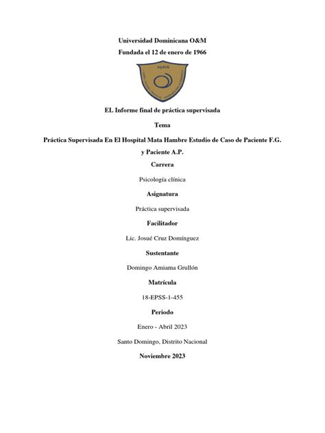 Informe De Pasantía Domingo Amiama 1 Completa Pdf Ansiedad