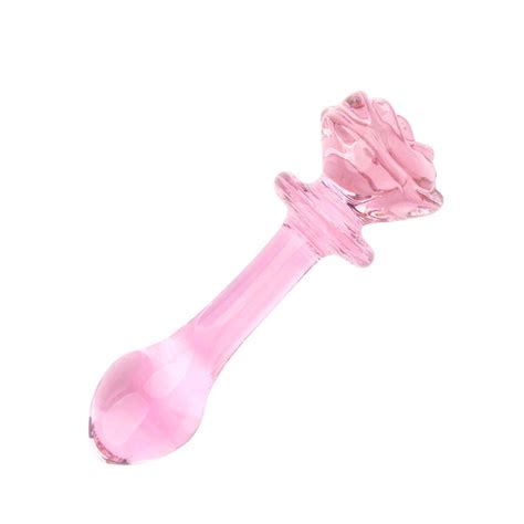 Smooth Pink Bulbous End Glass Dildo For Couples With Rose Flower Base Lace And Leather