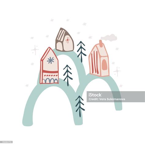 보호 겨울 휴가 요소 손으로 그린 스타일 크리스마스 벡터 장식 스칸디나비아 풍경 집 나무와 크리스마스 트리 인사말 카드 포스터