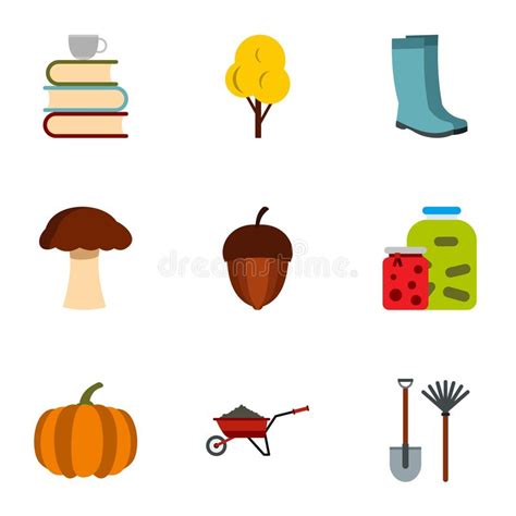 Autumn Coming Icons Set Flat Style Stock Vector Illustration Of