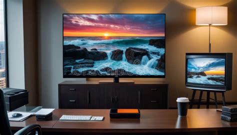 Ocean Sunset Displayed On Monitors Stock Photo Image Of Twilight