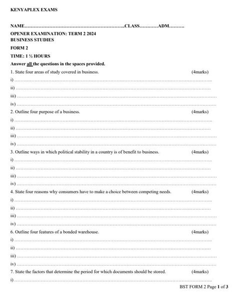 Form 2 Business Studies Term 2 Opener Exam 2024 2371