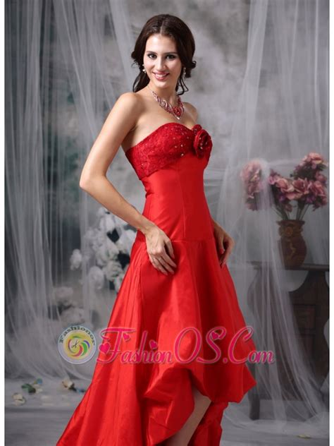 Customize Red Sweetheart High Low Prom Dress With Hand Made Flowers 9381