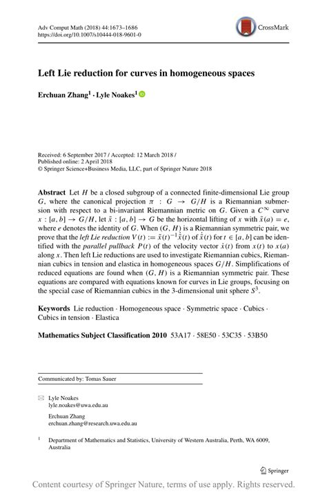 Left Lie Reduction For Curves In Homogeneous Spaces Request Pdf