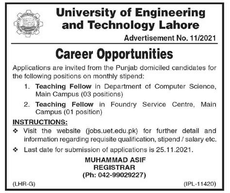 Uet Lahore Teaching Fellow Jobs 2021 2025 Job Advertisement Pakistan