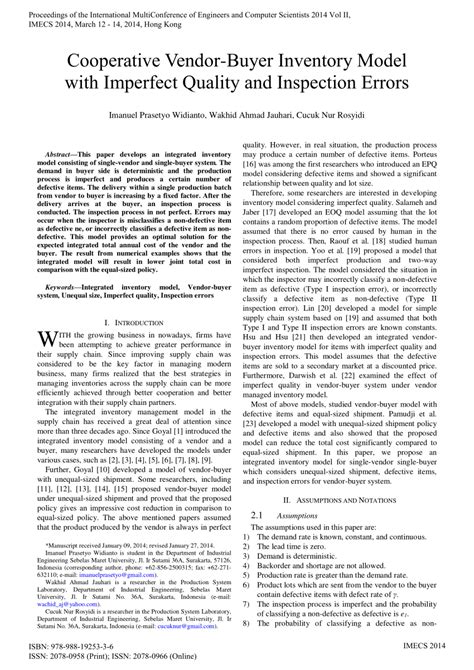 Pdf Cooperative Vendor Buyer Inventory Model With Imperfect Quality And Inspection Errors