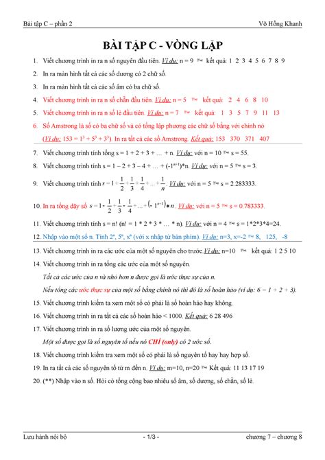 for Loop statement Bài tập C phần Võ Hồng Khanh BÀI TẬP C VÒNG LẶP Viết chương