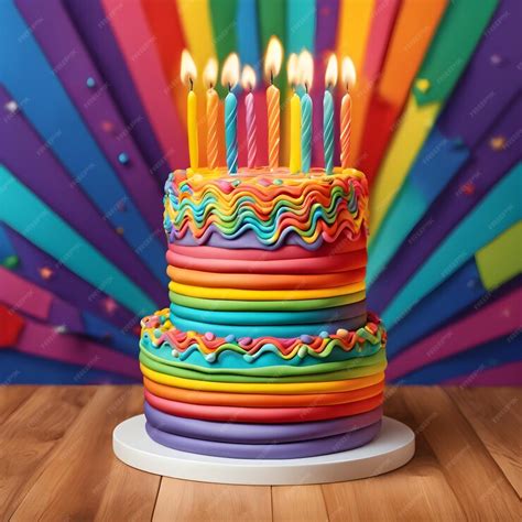 Premium Photo Birthday Cake With Burning Candles On Colorful
