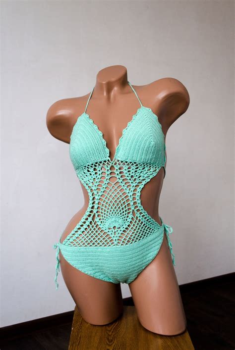 Crochet Mint One Piece Swimwear Crochet Women Bathing Suit Etsy