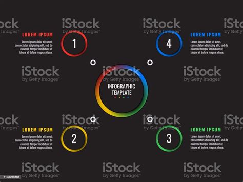 검은 색 배경에 둥근 종이 잘라낸 요소가있는 4 단계 인포 그래픽 템플릿 비즈니스 프로세스 다이어그램 회사 프리젠 테이션 슬라이드 템플릿 현대 벡터 정보 그래픽 레이아웃