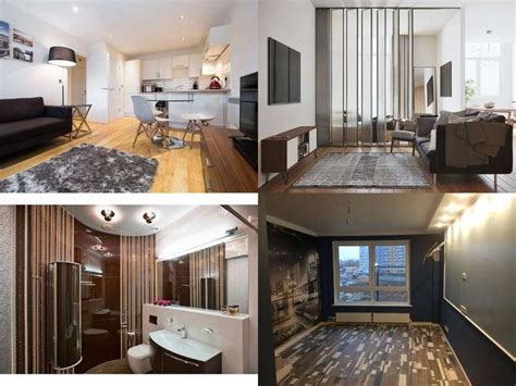 Four Different Views Of A Living Room Kitchen And Dining Area With