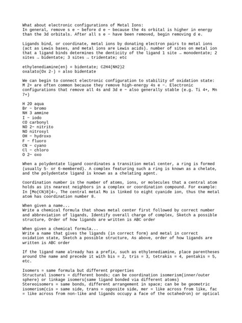 Chem Notes Pdf Ligand Coordination Complex