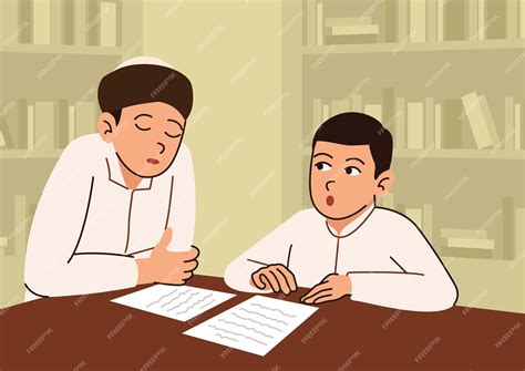 일러스트레이션 아이들은 공부하는 법을 배우고 교사에게 인도네시아 이슬람 어린이 공부를 요청합니다 프리미엄 벡터