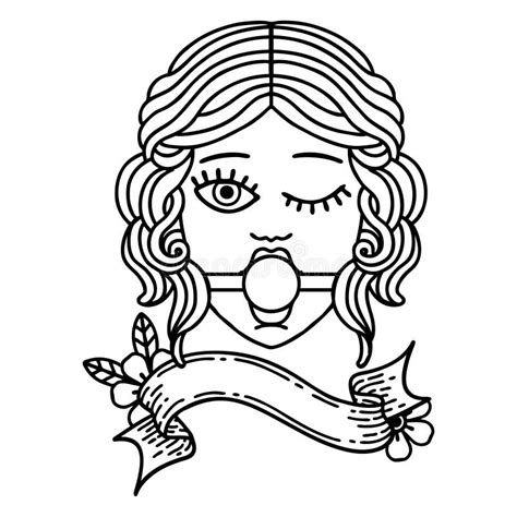 Black Linework Tattoo With Banner Of Winking Female Face With Ball Gag