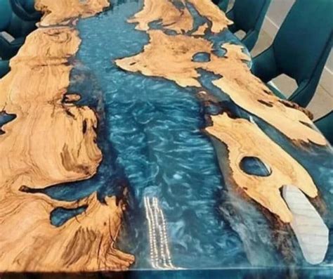Blue Epoxy River Table Handcrafted Live Edge Dining And Conference Room Decor With Natural