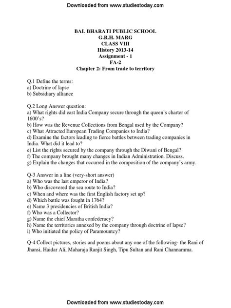 Cbse Class 8 History Worksheet 1 Pdf